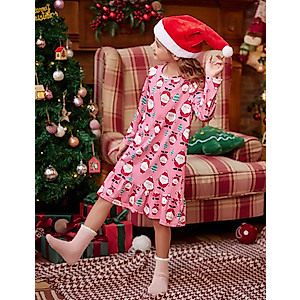 Arshiner Girls' Sleepwear Long Sleeve Cute Nightgown Nightie Pajama Dress Pink Christmas 9-10Y