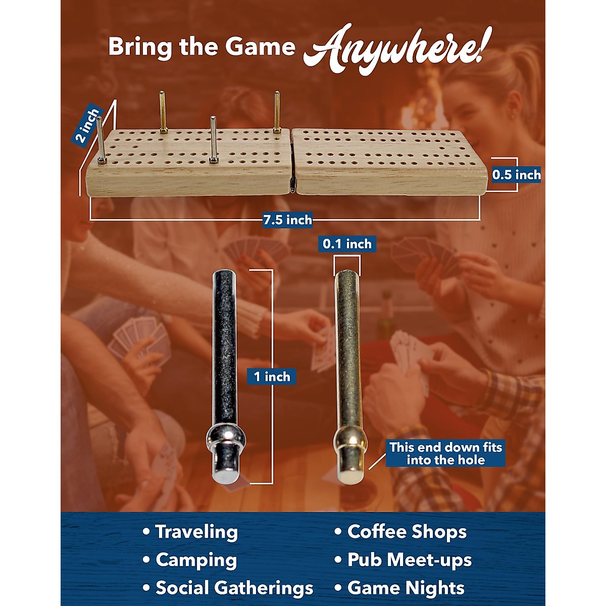 WE Games Cribbage Board Game Set, Travel Crib Board with Storage Slot and Drawstring Bag for Card Storage, Foldable 2 Track Cribbage Board with Cards, Metal Pegs and Dice, Mini Board Games