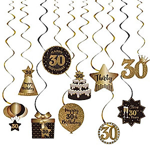 Happy 30th Birthday Party Hanging Swirls Streams Ceiling Decorations, Celebration 30 Foil Hanging Swirls with Cutouts for 30 Years Old Black and Gold Birthday Party Decorations Supplies