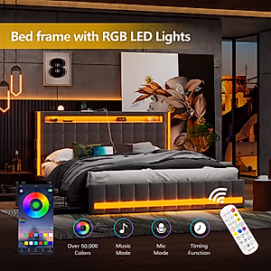 Dnxao Upholstered Queen Size Bed Frame with 4Storage Drawer,RGB LED Light,Charging Station,Adjustable Headboard,Slats Support,No Box Spring Needed,Dark Gray