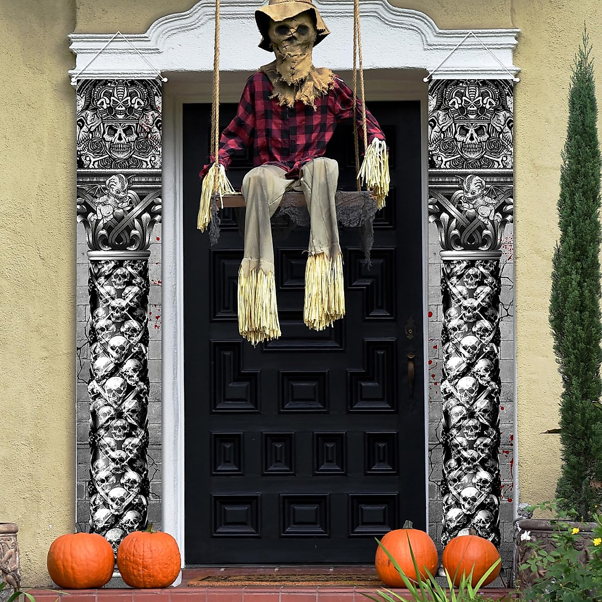 Halloween Gothic Mansion Banners Halloween Skull Hanging Porch Sign with Welcome Foolish Mortals Banner Spooky Halloween Pillar Sign Home Indoor Outdoor Party Supplie