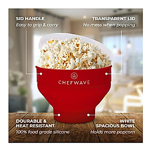 Chefwave Silicone Popcorn Popper (Red) - Reusable, Collapsible Microwave Popcorn Bowl - Dishwasher Safe