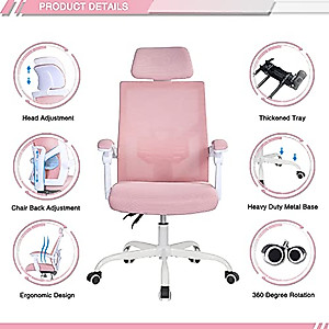 Qulomvs Mesh Ergonomic Office Chair with Headrest and Backrest 90-135 Adjustable Computer Executive Desk Chair with Wheels 360 Swivel Task Chair(Pink)