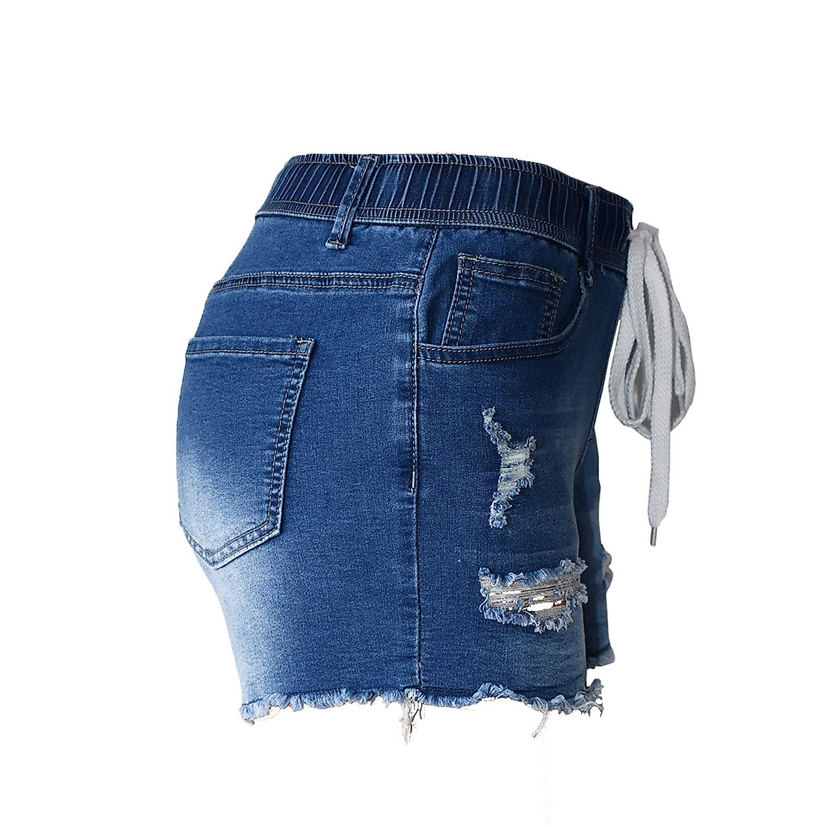 Atditama Women's Elastic Drawstring Waist Skinny Stretch Slim Mid-Waist 3" Inseam Ripped Distressed Ultra Short Jeans Blue US 16