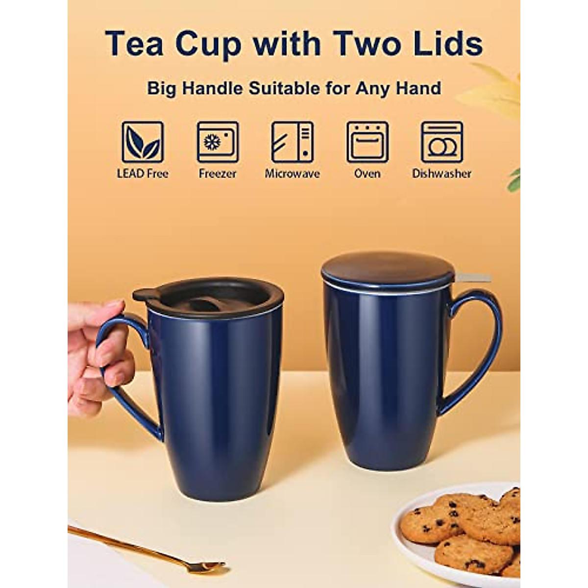 YumKubis Tea Cup with Infuser and Lid, 17 oz Large Tea Infuser Mug, Ceramic Tea Mug with 2 Lids, Tea Cups for Women, Men, Kids, Loose Tea, Gifts