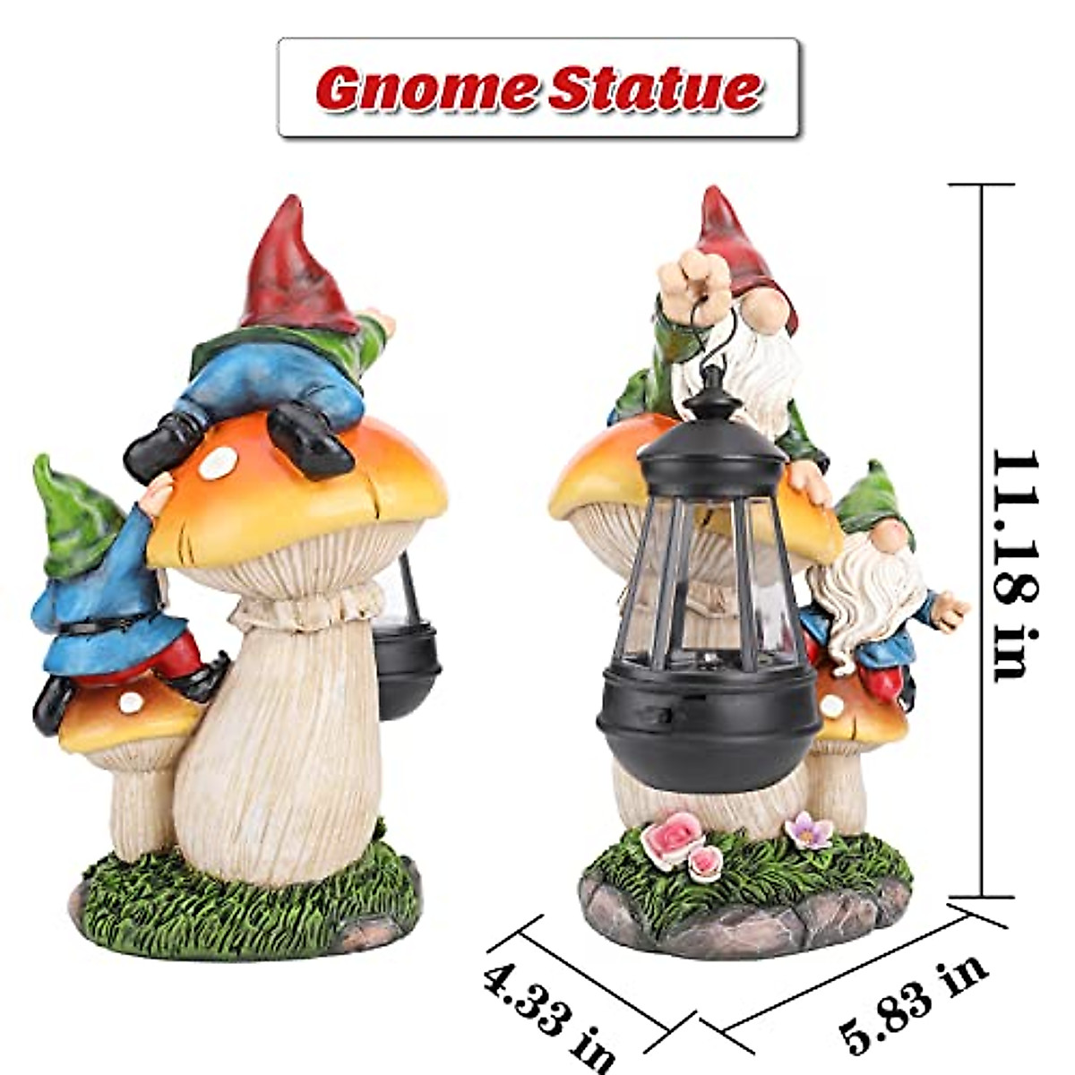 Ovewios Garden Gnome Statue, Large Funny Gnome Figurine Climbing on Mushroom and Holding a Solar LED Lantern Resin Ornament for Patio Yard Lawn Porch Outdoor Decor