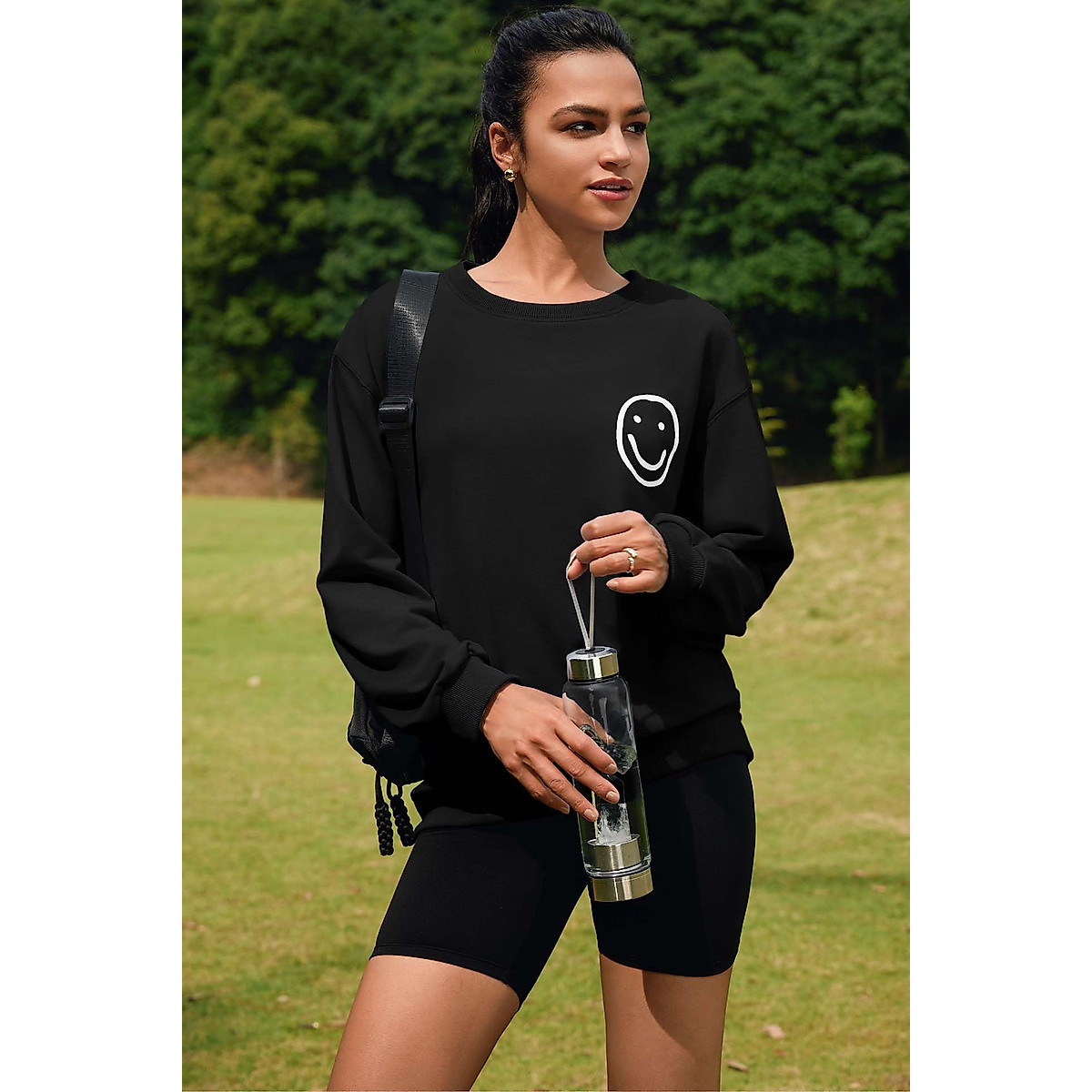 ReachMe Womens Cute Graphic Crewneck Sweatshirts Fashion Smile Pullover Tops Casual Loose Happy Face Sweatshirt(2 Black,M)