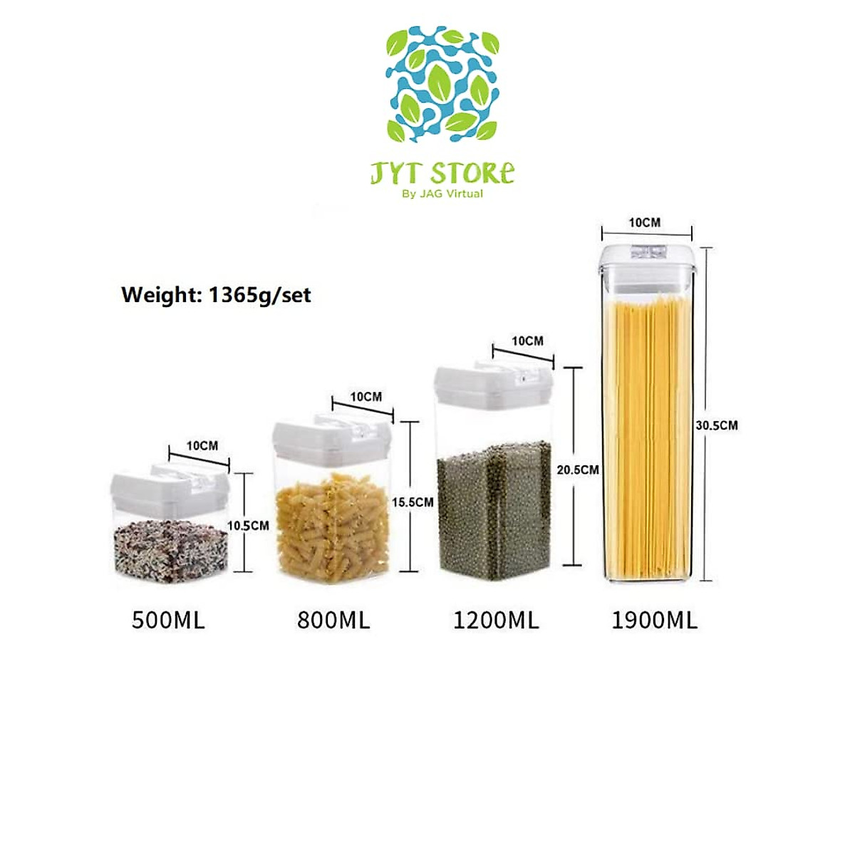 Airtight Food Storage Containers Set with Lids 5 Units Sets for Kitchen Pantry Organization and Storage, Leak-Proof Stackable Canister, include Measuring Spoon & Labels (White, 5)