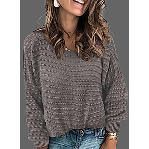Dokotoo Womens Long Sleeve Tops Winter Fall Fashion 2024 Crewneck Drop Shoulder Ribbed Knit Textured Sweaters Solid Pullovers Jumper Gray Large