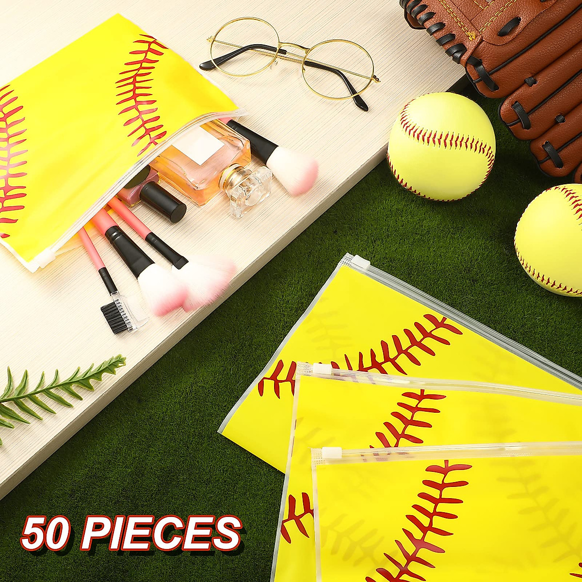 Gersoniel 50 Pieces Makeup Bag Bulk Waterproof Cosmetic Bags Eva Pencil Case Pouch Travel Toiletry Bag with Zippers for Women Players Teams(Yellow,Softball)