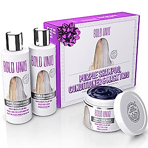 Purple Shampoo, Conditioner & Mask Trio Gift Set. Removes Brassy Yellow Tones. Lightens Blonde, Platinum, Ash, Silver & Grays. Paraben & Sulfate Free. PETA Approved Cruelty-free and 100% Vegan.