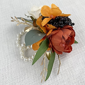 Rinlong Set of 6 Burnt Orange Wrist Corsage Wristlet Band Bracelet Wrist Flowers Wedding Bride Bridesmaid Flower Accessories Decoration
