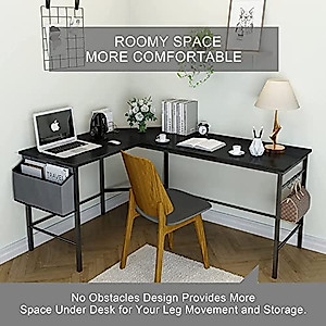 DKLGG L Shaped Computer Desk, 49" Gaming Desk Home Office Corner Desks Large Work Study Desk with Storage Bag & Hooks, L Desk Workstation Space-Saving Table for Home Office, Black