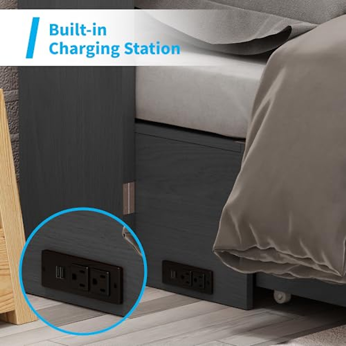 Mjkone Murphy Bed Cabinet Queen with Foldable High Elasticity Mattress, Cube Cabinet Bed with USB Charging Station, Solid Wood Chest Bed for Bedroom Guest Room Office (Gray, Cabinet Bed A)