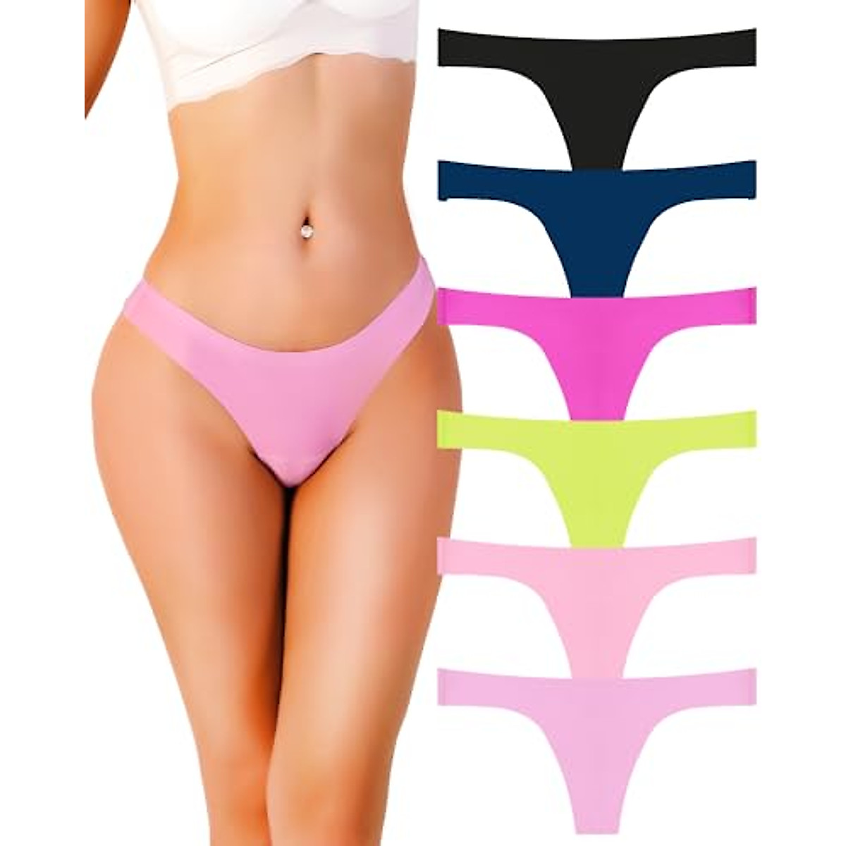 fosexyou 6 Pack Seamless Thongs for Women No Show Thong Underwear Women Low Rise Breathable Panties