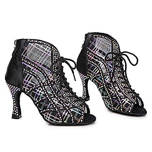 HROYL Women's Ballroom Latin Salsa Dance Shoes Lace-up Open-toe Dance Boots,YCL434-Black-7.5,US8.5