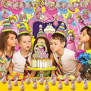 Mario Princess Peach Birthday Party Supplies for Girls, Princess Peach Party Decorations Include Banner, Princess Peach Balloon, Backdrop, Cupcake Toppers for Princess Peach Birthday Decorations