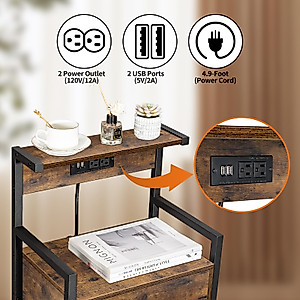 Snughome End Table with Charging Station, 3 Tier Side Table with Open Storage Shelves, Bedside Tables with Drawer, Nightstand with USB Ports & Outlets for Bedroom, Living Room