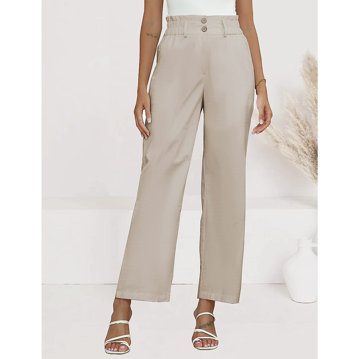 Yoetaun Linen Pants for Women High Waisted Palazzo Flowy Wide Leg Long Lounge Pant Beach Casual Comfy Trousers Khaki XL