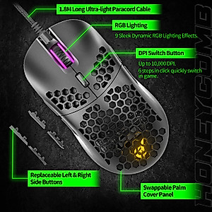 GUNMJO Gram DIY Honeycomb Shell 2.4G Wireless RGB Gaming Mouse, Gaming Wireless Mouse with 9 Buttons and Up to 10,000 DPI, Computer Mice for PC Gaming, Black Color