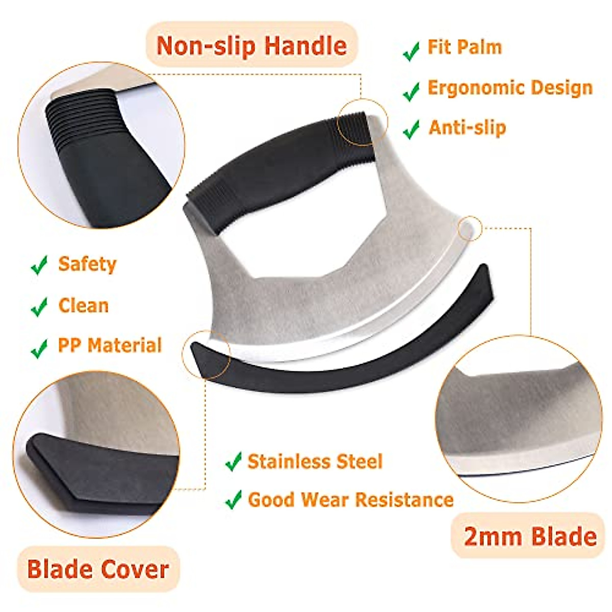 XoYoZo Salad Chopper Mezzaluna Knife with Protective Cover and Anti-Slip Handle Stainless Steel Chopper Vegetable Cutter Onion Chopper Mincing Knife Pizza Cutter