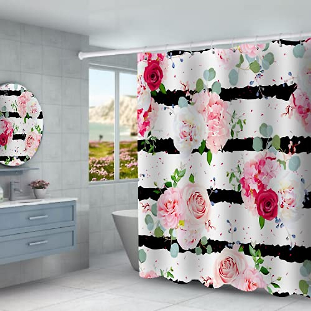 4 Piece Black White Stripes Pink Rose Flower Floral Modern Shower Curtains Sets with Non-Slip Rugs, Toilet Lid Cover and Bath Mat, Bathroom Sets with Shower Curtain and Rugs and Accessories
