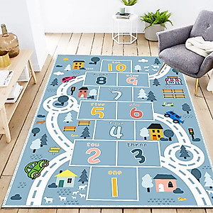 LGQLJPLQQ Hopscotch Rugs for Kids, Kid Rug for Bedroom,Road Rug, Playroom Rug for Kids Toy Cars, Nursery Rug for Teaching Toddler(Blue, 6' x 9')