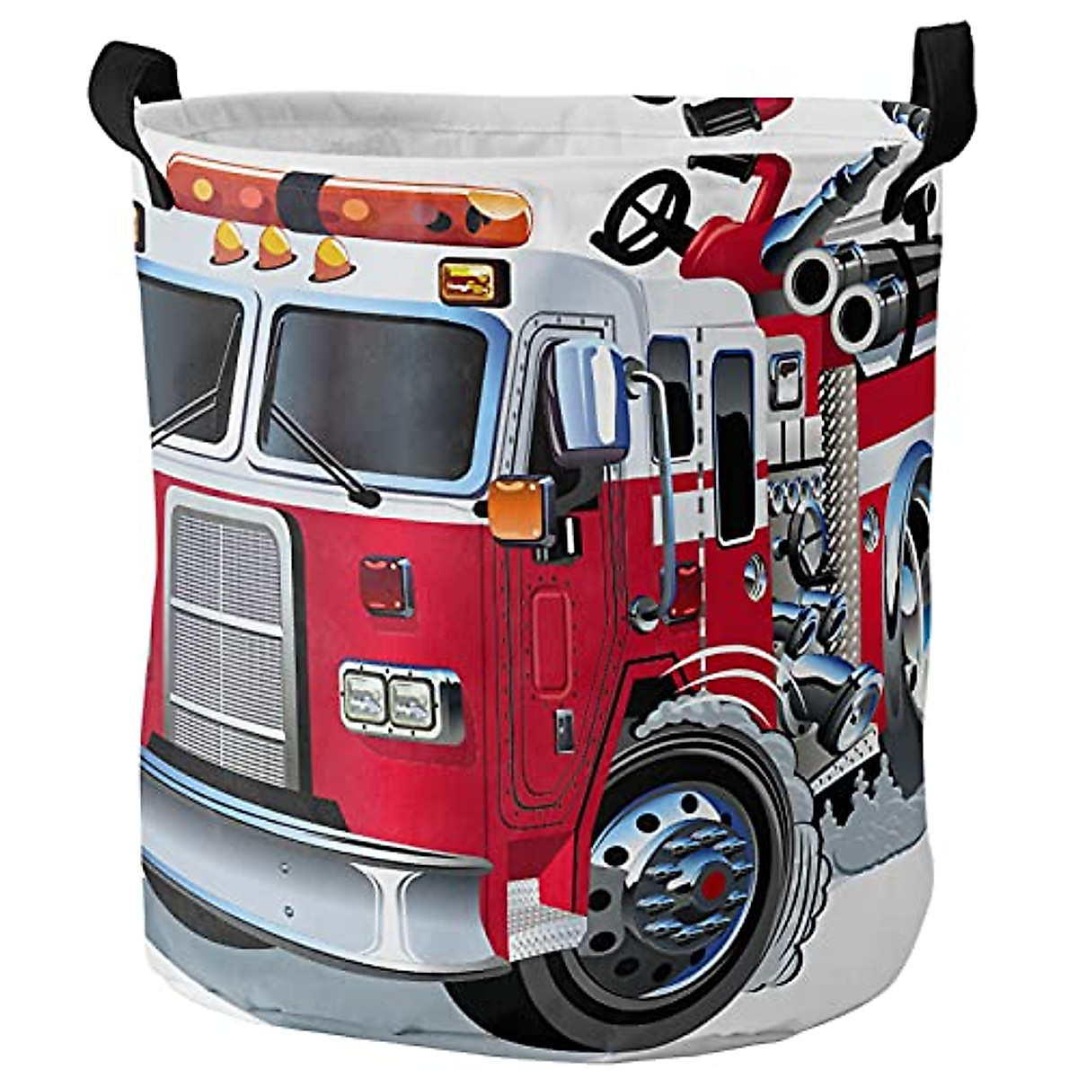 Fire Truck Round Laundry Hamper with Handles Cartoon Fire Truck Pattern Red Cool Oxford Fabric Dirty Clothes Hamper Collapsible Storage Basket/Toy Organizer for College Dorms Boys and Girls
