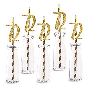 72nd Birthday Paper Straw Decor, 24-Pack Real Gold Glitter Cut-Out Numbers Happy 72 Years Party Decorative Straws