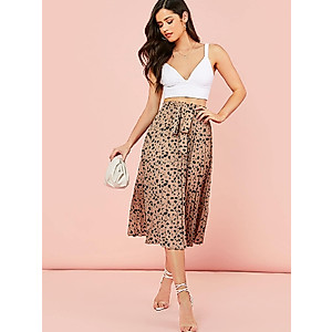 Floerns Women's Floral Printed Elastic Waist A Line Pleated Ruffle Midi Skirt Brown DotsM