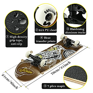 Sefulim Skateboards, 31 x 8 inch Complete Skateboard for Beginners, 8 Layer Canadian Maple Double Kick Deck Concave Cruiser Trick, Light Up Wheel Skateboard for Kids Teens & Adults (Motorcycle)