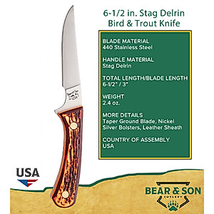 Bear & Son Cutlery 6 1/2” Bird and Trout Knife, 3” 440 High Carbon Stainless Steel Blade, Stag Delrin Handle, Leather Sheath (751)