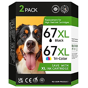 67XL Ink Cartridge Black/Color Combo Pack for HP Ink 67 67XL for HP 67 Ink Cartridge Fit for Envy 6000 6055 6055e 6400 6455 DeskJet 2855e 2700 2700e 2755 2755e 2752 4152 2755 4155e Printer(2 Pack)