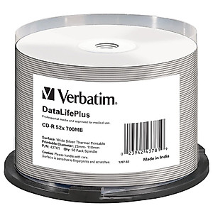 Verbatim 43781 CD-R 52x DataLifePlus Wide Thermal Printable CD-R Spindle - Silver