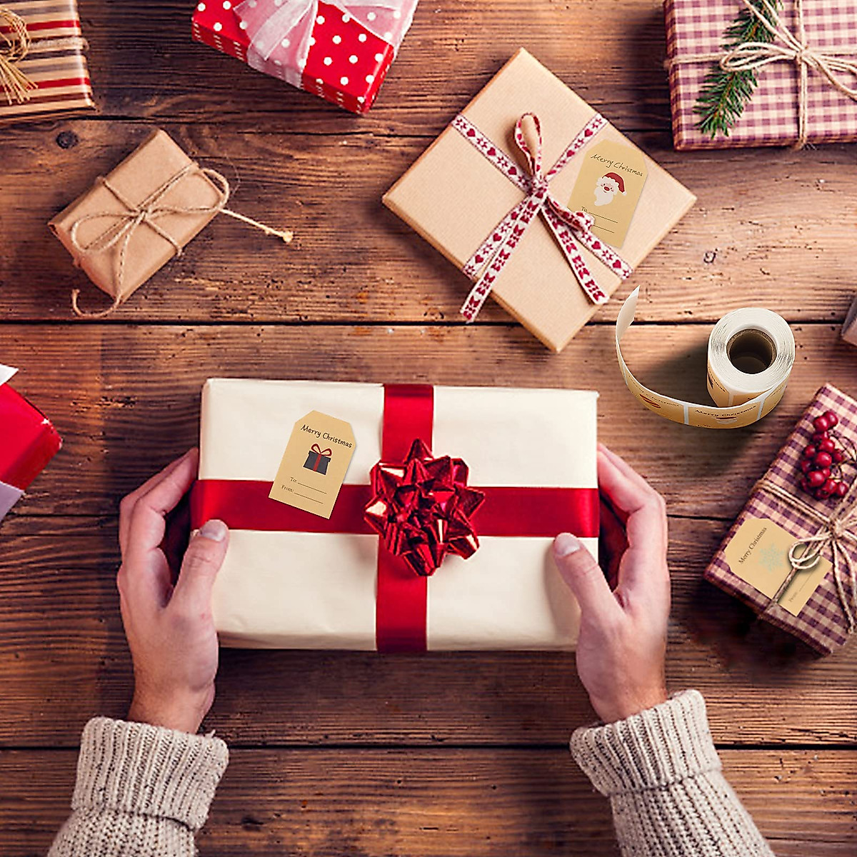 HongyiTime 200 Count Tags Sticker,Christmas Labels,6 Jumbo Designs Christmas Stickers Name Tags,Holiday Present Label (Large)