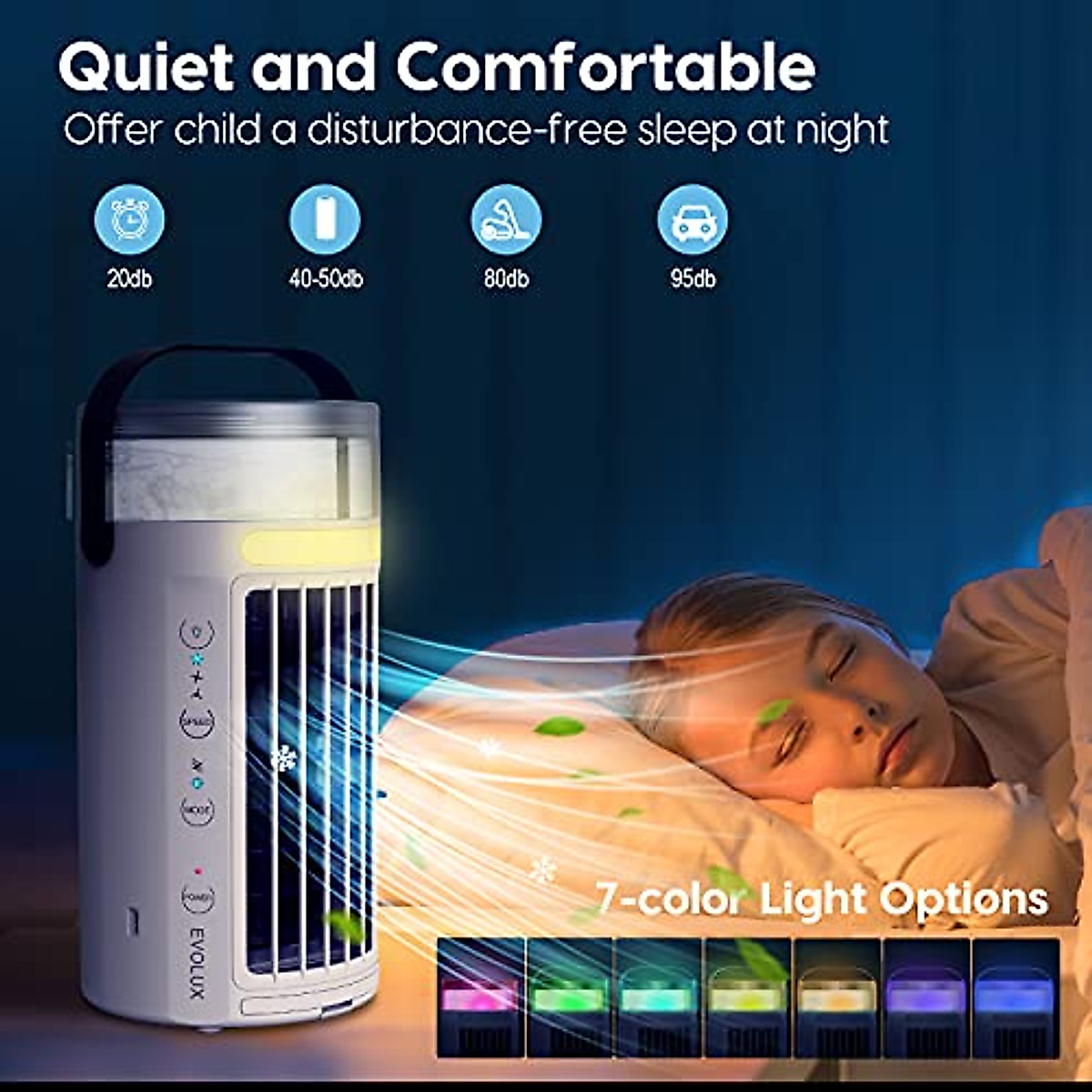 Small Portable Air Conditioners for Car, 400 ML Mini Personal Portable Water Air Cooler with 7 Color LED Light, White AC Fans that Blow Cold Air Rechargeable