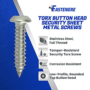 Fastenere Torx Security Sheet Metal Screws - #8 x 1" (25-Pack) Button Head, Tamper-Resistant, Anti Theft Stainless Steel Screws for Higher Level of Safety & Secure Fastening Solution
