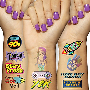 Throwback 90s Theme Temporary Tattoos (5 Pages) - Funny 1990's Theme Party Decoration, Favors & Supplies multicolor