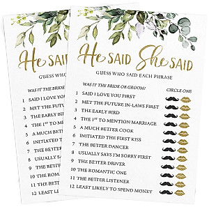 Printed Party Bridal Shower Games – He Said She Said Game with Fun Bride and Groom Trivia, Wedding Shower Activity, Botanical Eucalyptus Theme, 50 Guests