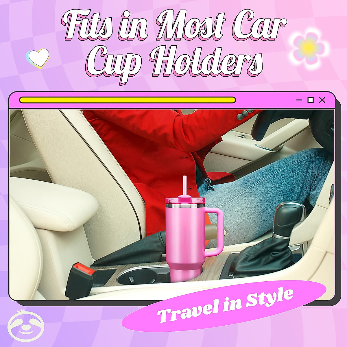 40 oz Tumbler with Handle and Straw | Insulated Cup Reusable Water Bottle Stainless Steel | Cupholder Friendly Travel Mug | Double Insulated Pink Water Bottle Tumbler | 40 oz Pink Tumbler