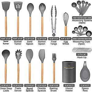 Kitchen Utensils Set, 33 pcs Non-Stick Silicone Cooking Utensils Set, Heat-Resistant Silicone, Wooden Utensils for Cooking, Kitchen Gadgets Spatula Set, Apartment Essentials Kitchen Set (Charcoal)