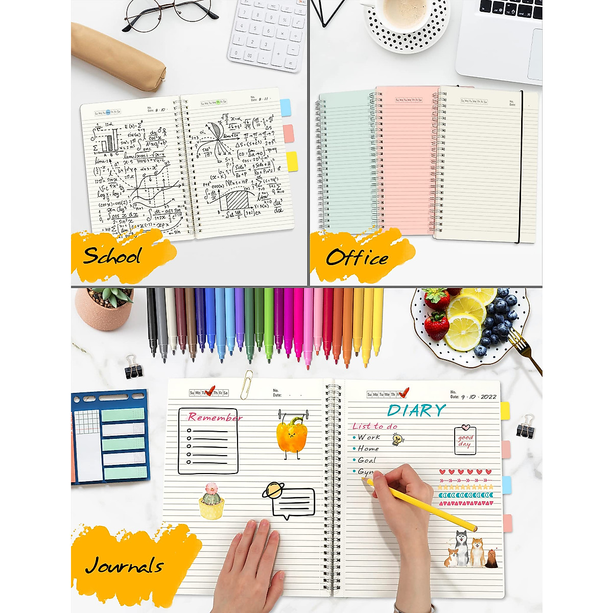 SUNEE 3 Pack Spiral Notebook - A5 Lined Journal Notebook, 120gsm Thick Paper, College Ruled, Giftable Journal for Study and Notes 80 Sheets, 5.7" x 8.3", Blue, Pink, Transparent