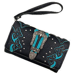 Justin West Western Studded Rhinestone Buckle Laser Cut Wristlet Trifold Wallet Attachable Long Strap (Black Turquoise)