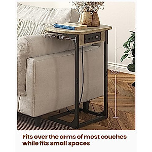 Hzuaneri C Shaped End Table with Charging Station, Bed Side Table with USB Port & Outlet, Couch Table, C Snack Table for Living Room, Bedroom, Greige and Black ET05105B