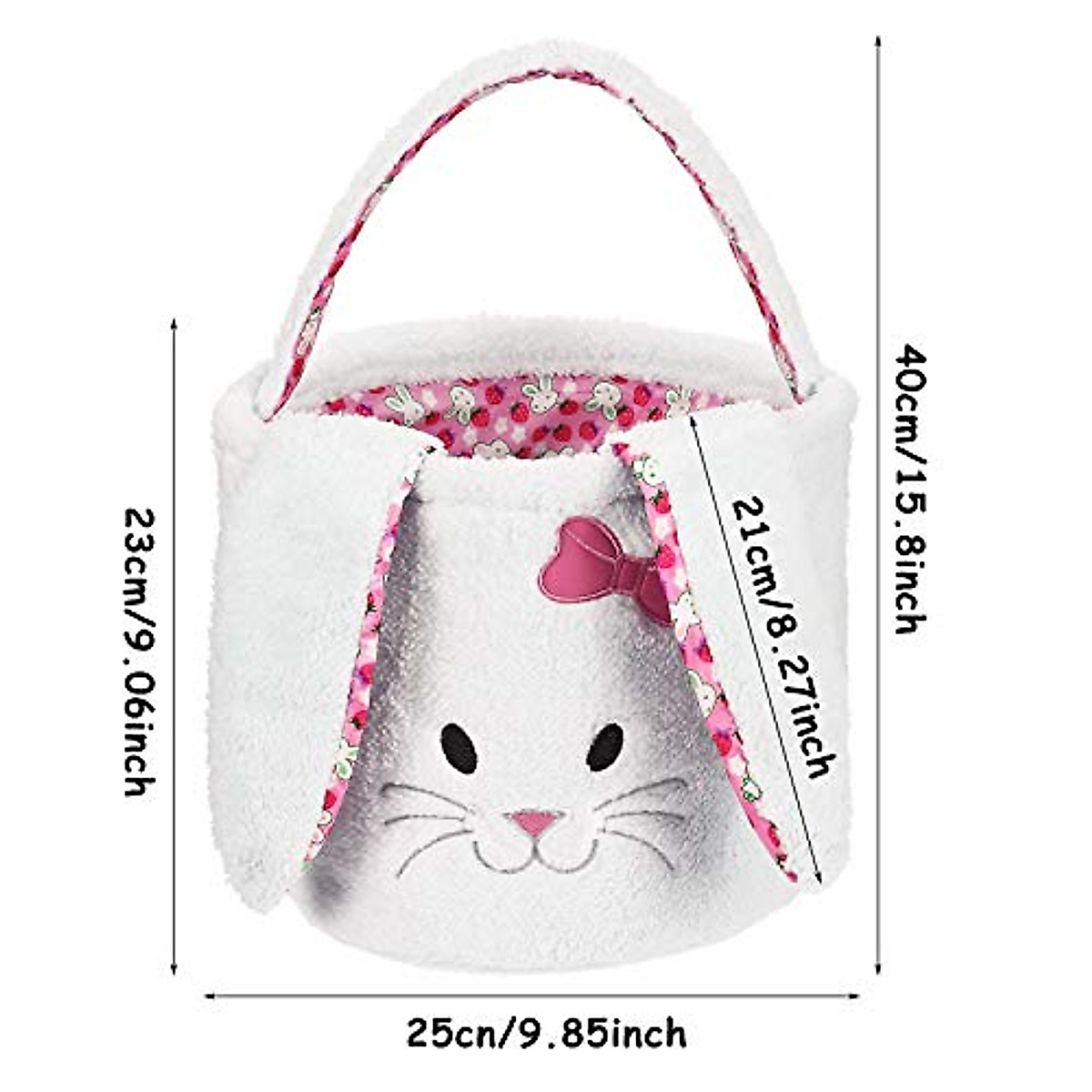 Easter Eggs Basket, Fluffy Bunny Baskets Cute Plush Rabit Basket with Foldable Bunny Ears, Easter Egg Hunts Easter Theme Party Supplies for Boys Girls (Pink)