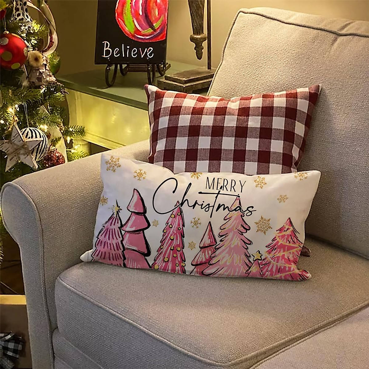 CARRIE HOME Pink Christmas Decorations Pink Christmas Tree Lumbar Pillow Covers 12x20 Set of 2 Pink Truck Decor Merry Christmas Outdoor Throw Pillows 12 x 20 for Porch and Patio (No Pillow Inserts)
