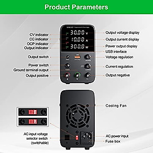 DC Power Supply Variable, 30V 10A Bench Power Supply with 4-Digits LED Display, 5V/3.6A USB Quick-Charge, Adjustable Switching Power Supply with Encoder Adjustment Knob, Output Enable/Disable Button
