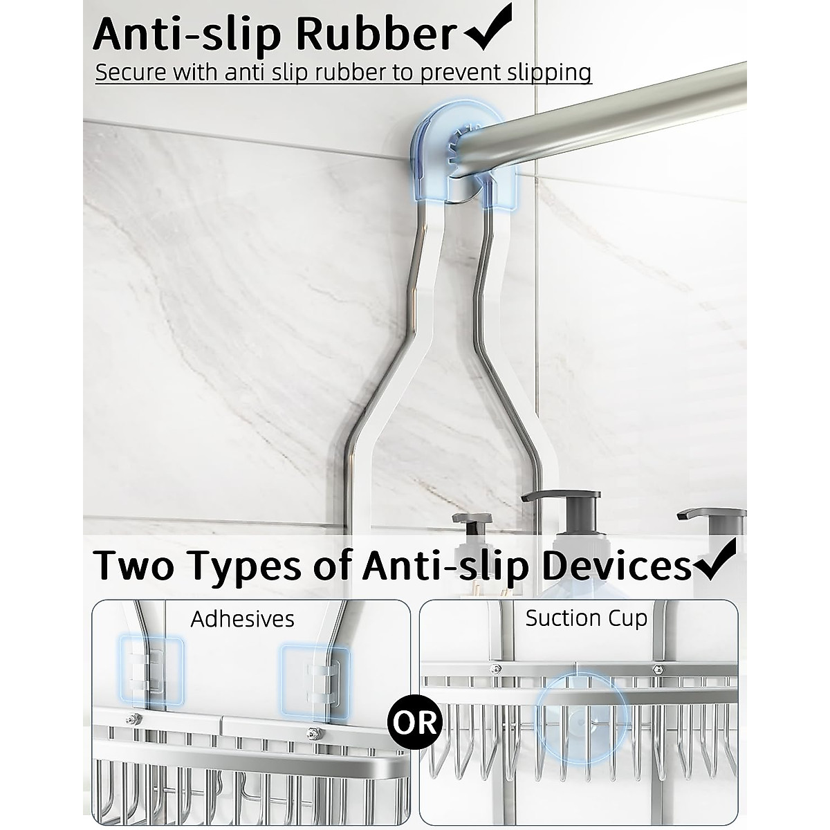 Shower Caddy Hanging Bathroom Organizer: Over Head Long Rack for Tall Showerhead - Extra Large Shelf for Big Shampoo Bottles with Soap Holder