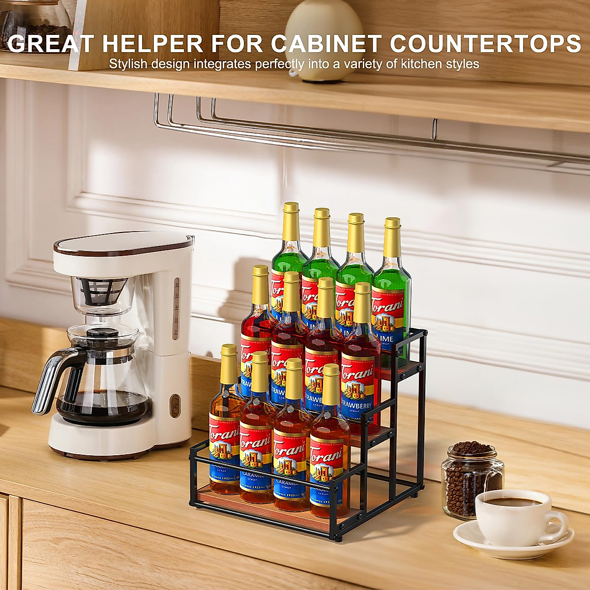 SHILFID Coffee Syrup Organizer Rack, Syrup Bottle Stand Holder for Coffee Bar, 3-Tier 12 Bottles Storage Display Shelves for Syrup, Liquor Wine, Dressing Cocktail in Kitchen Coffee Countertop