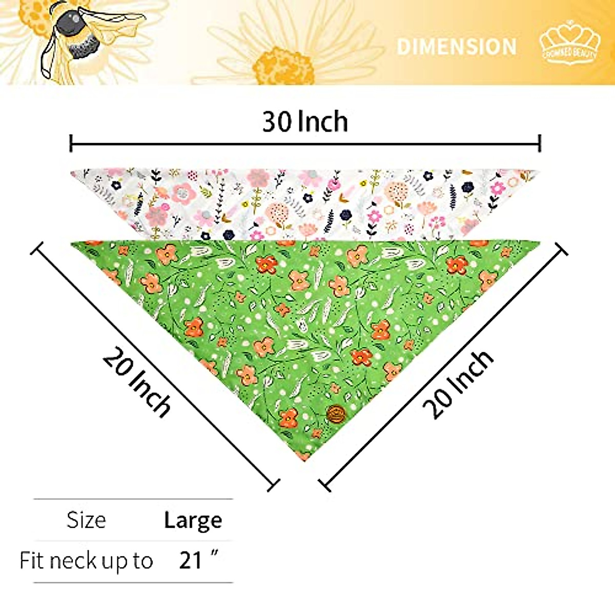 CROWNED BEAUTY Spring Dog Bandanas Reversible Large 2 Pack, Flower Plants Set, Plaid Stripes Adjustable Triangle Holiday Scarves for Medium Large Extra Large Dogs Pets DB41-L